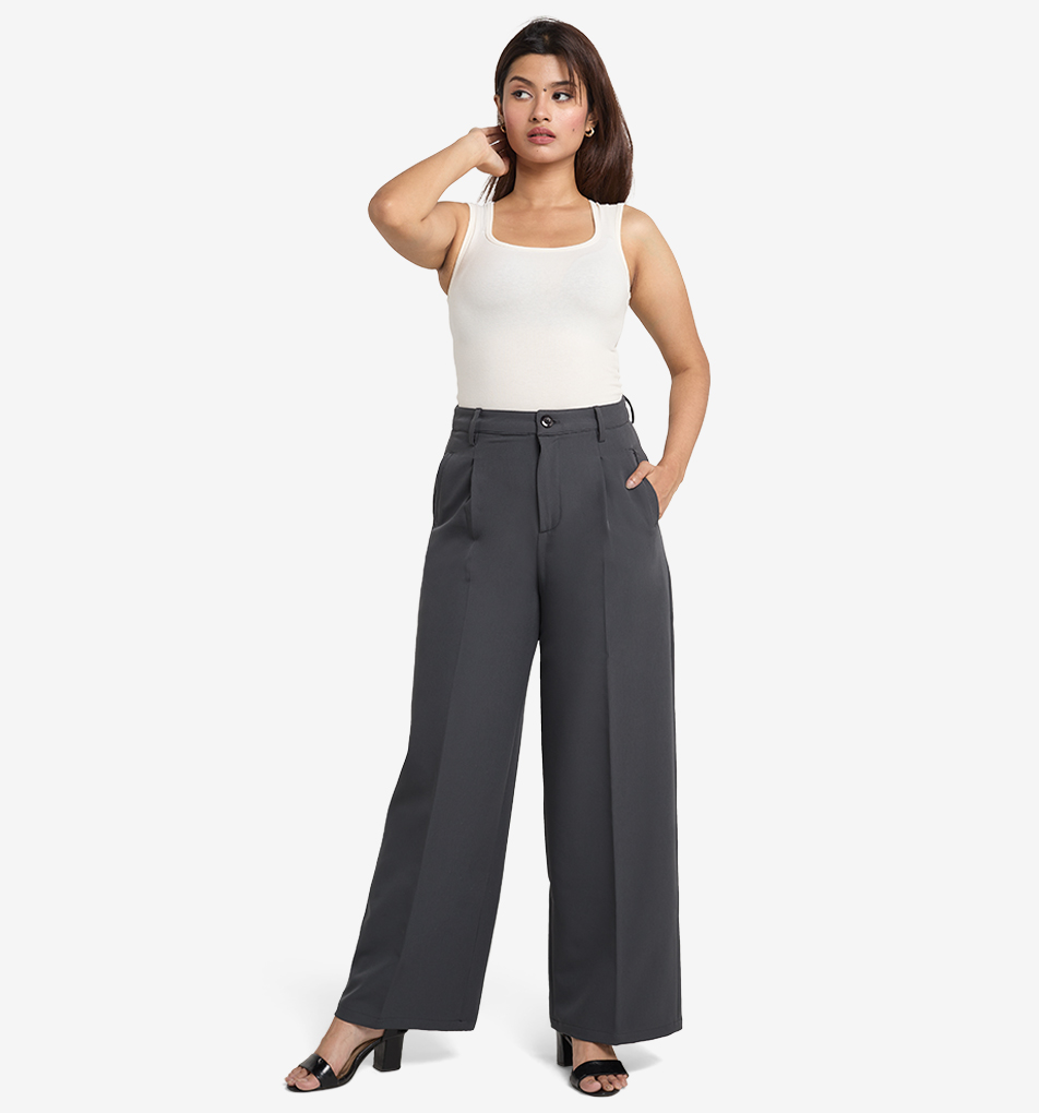 Premium Grey High-Waist Pleated Wide Leg Trousers | Strides Co